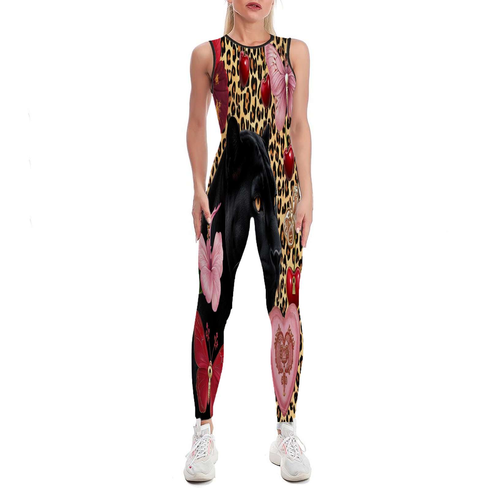 Black Leopard Print Flowers Women's One Piece Yoga Jumpsuits Leggings ...