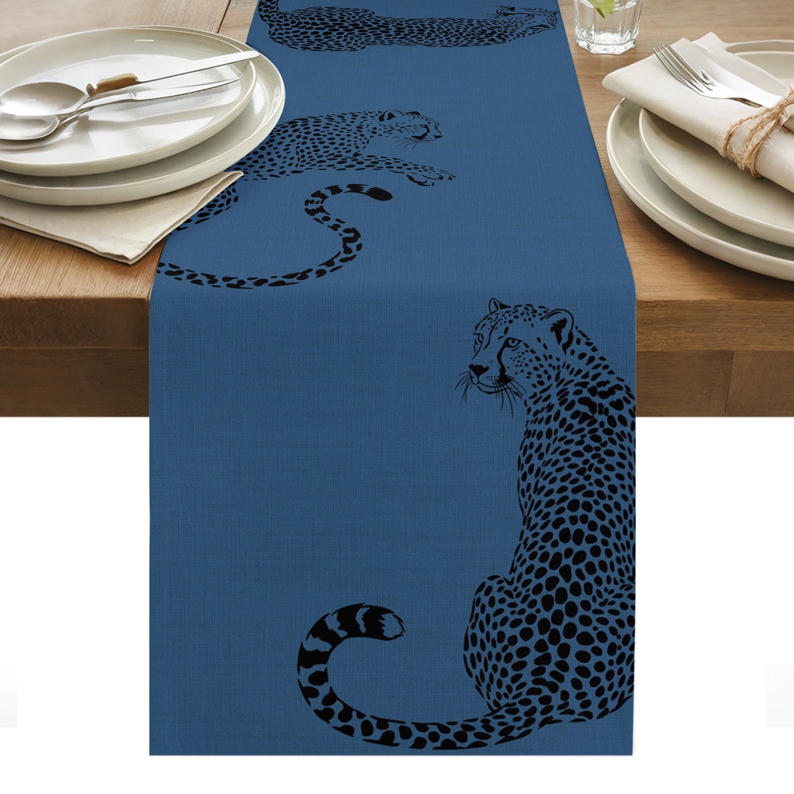 Black Leopard Print Table Runner Retro Minimalist Animal Pattern Blue ...