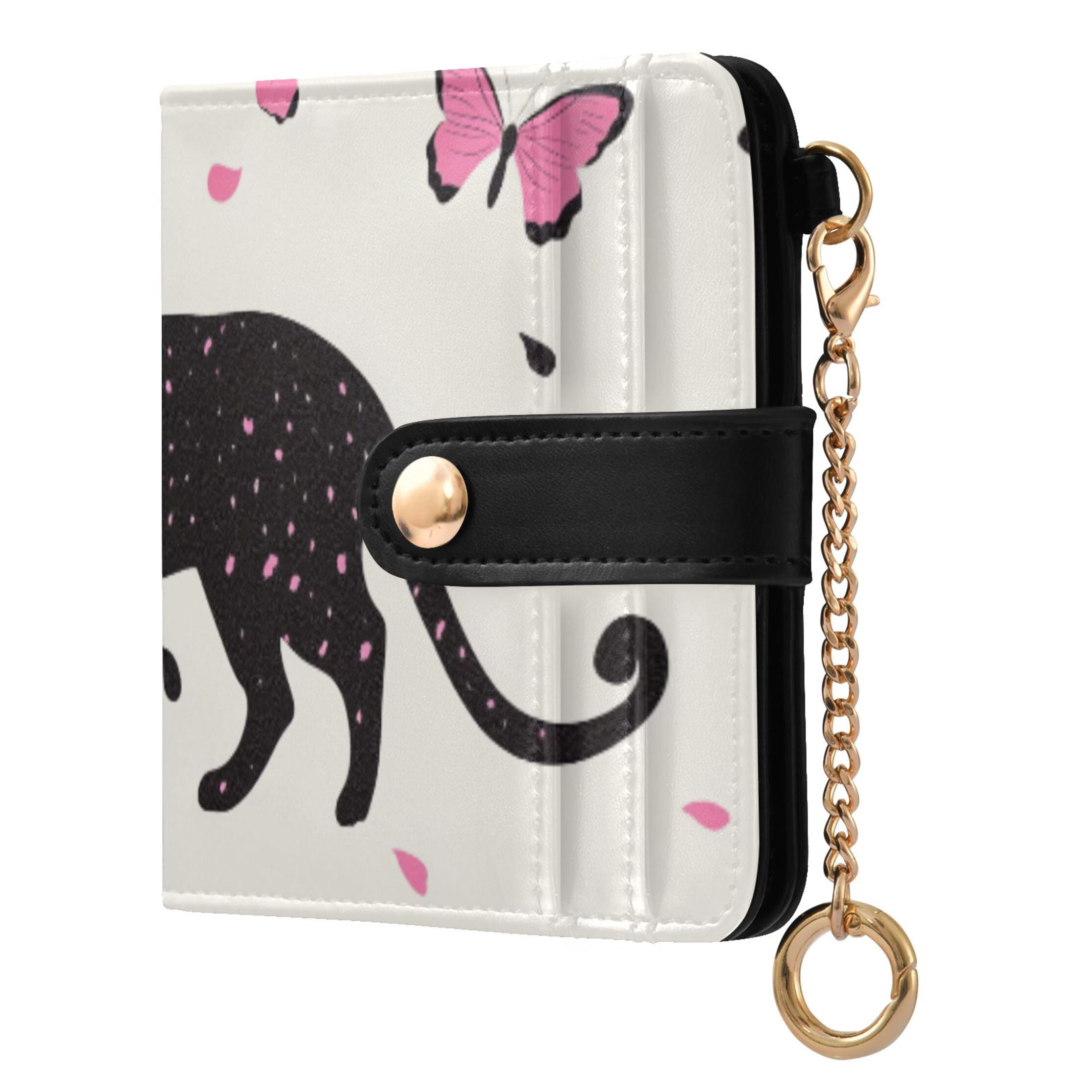Black Leopard Walking Pink Butterflies Women's Wallet PU Leather Card ...