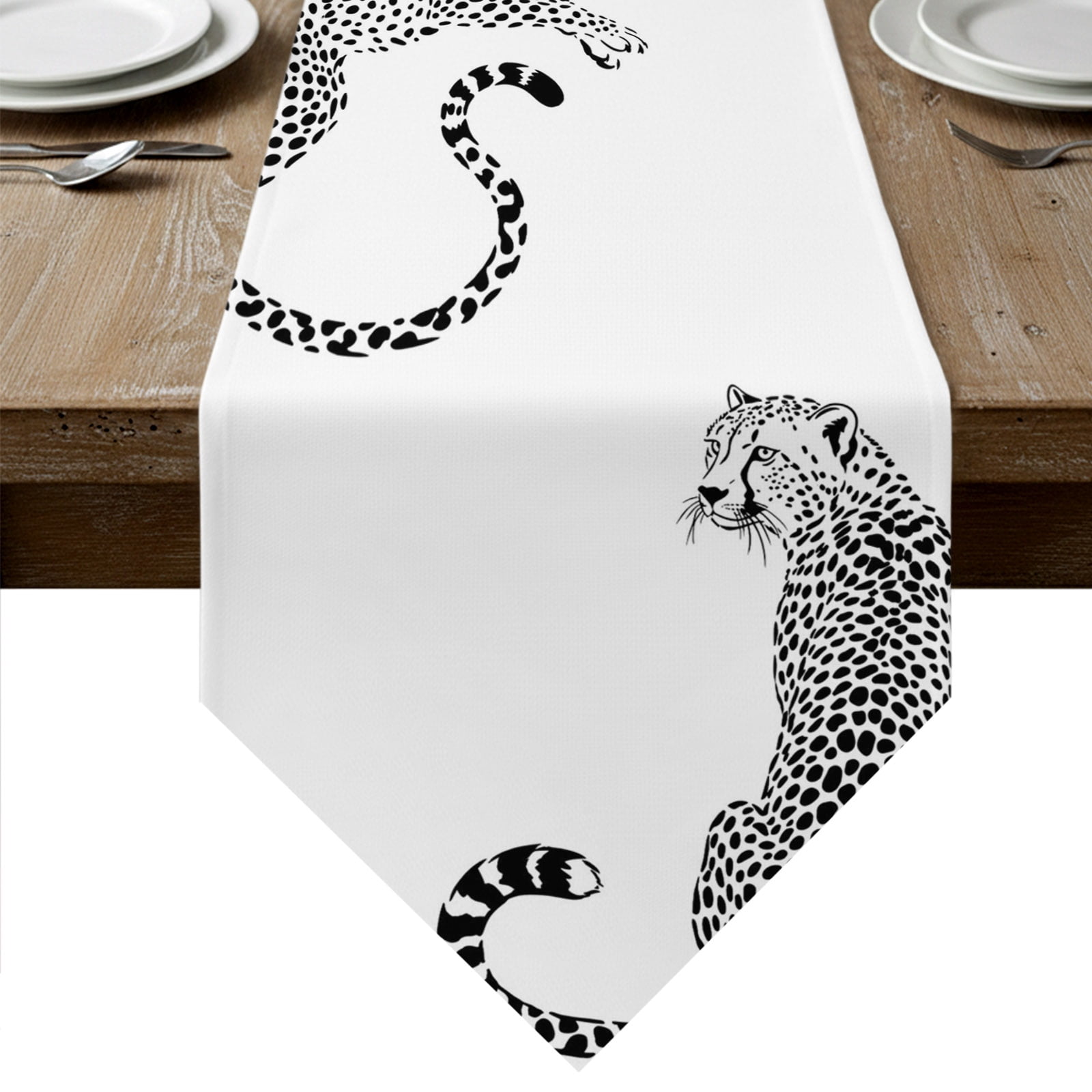 Black Leopards Pattern Table Runner Linen Burlap Table Runner 70 Inches ...