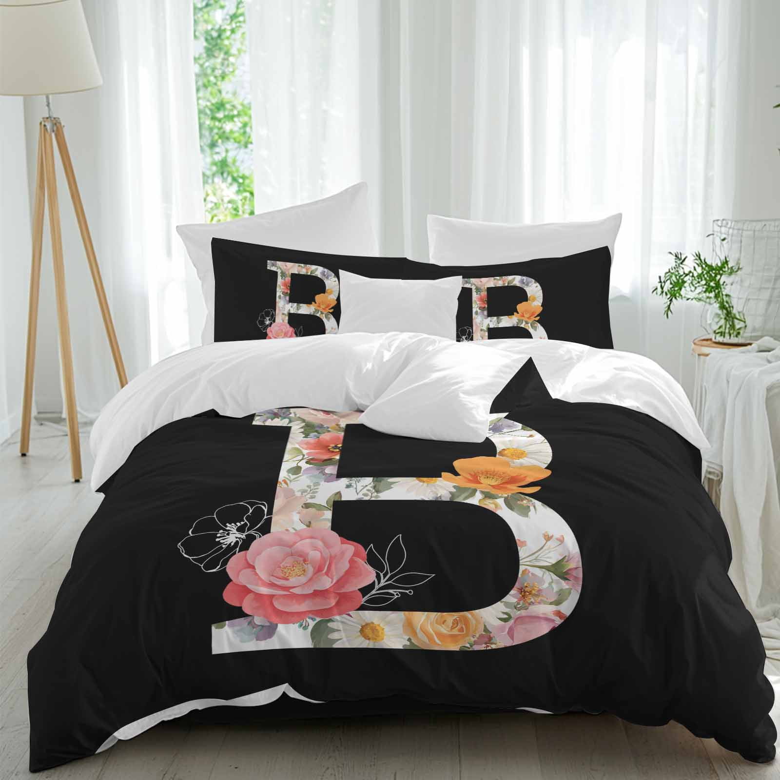Black Letter B Flower 4 Piece Duvet Cover Set Twin Size Watercolor ...