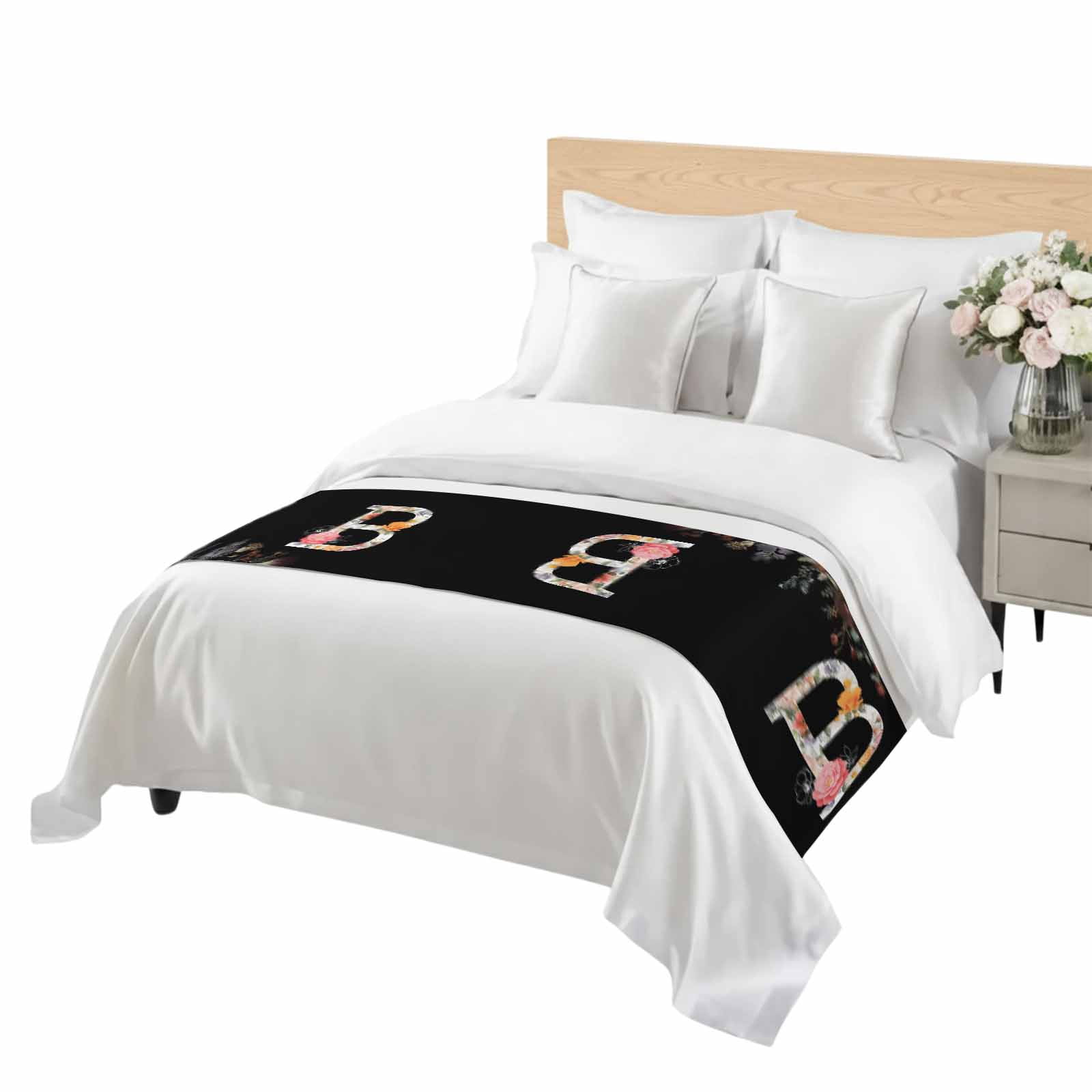 Black Letter B Flower Bed Runner Twin Size Watercolor Alphabet B Pink ...