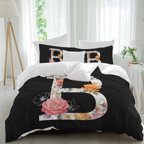 Black Letter B Flower Duvet Cover Set Queen Size, Watercolor Alphabet B ...