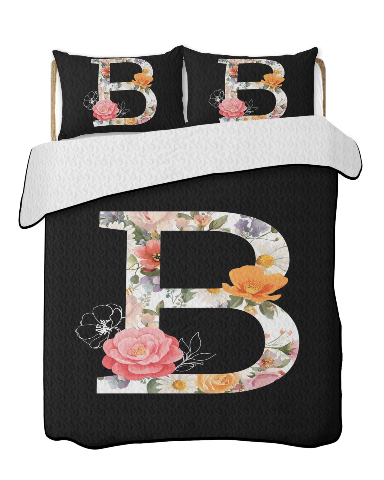 Black Letter B Flower Quilts Bedding Set Queen Size Watercolor Alphabet ...