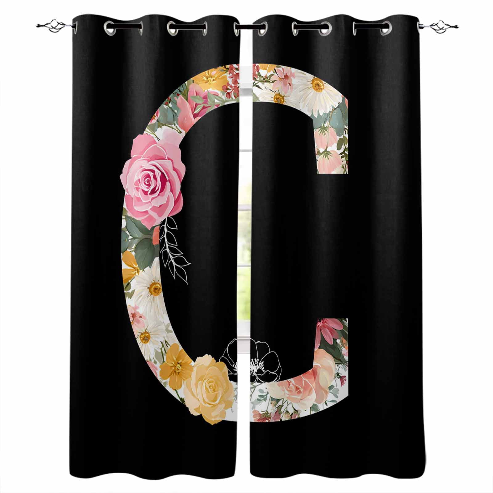 Black Letter C Flower Blackout Curtains 45 Inch Length Watercolor ...