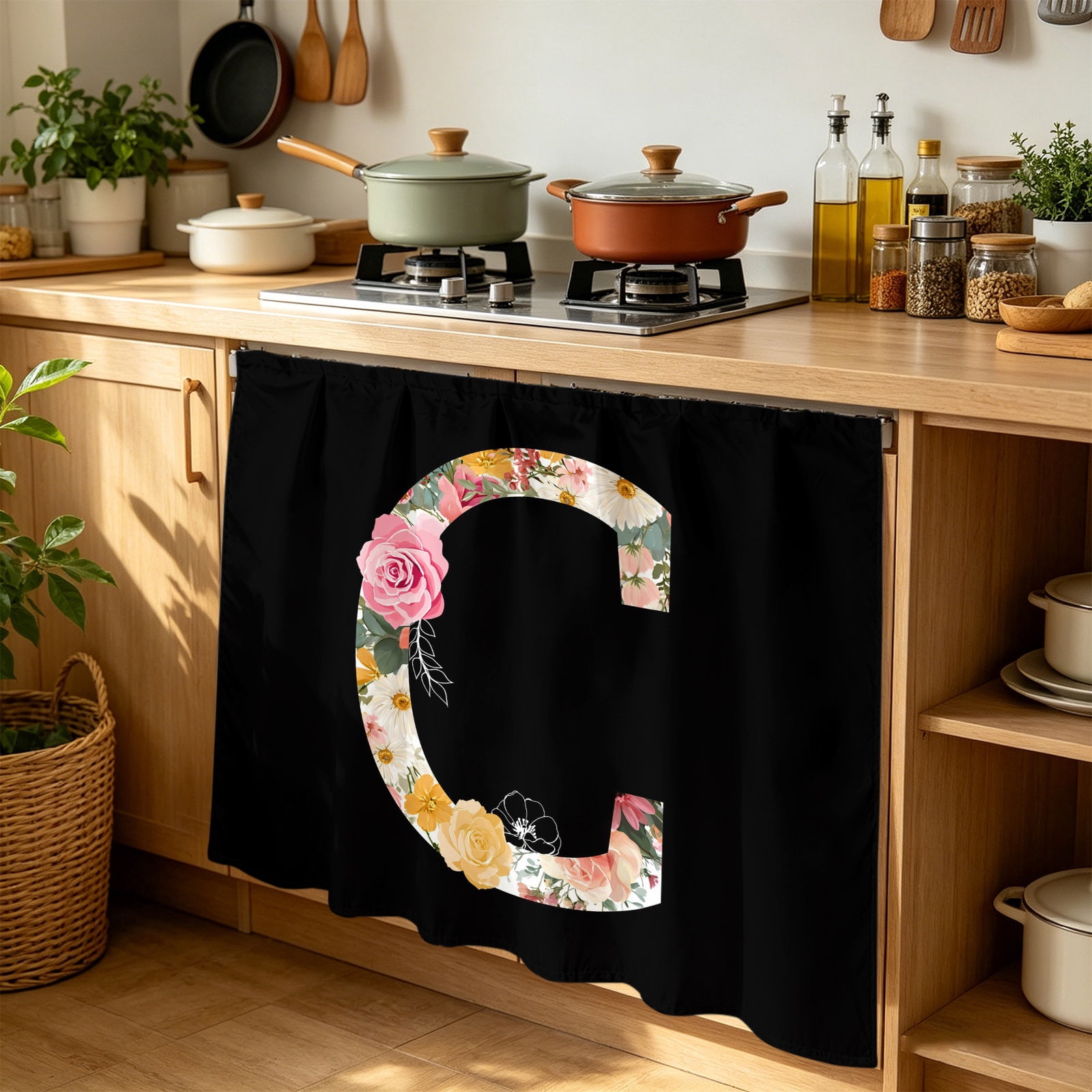 Black Letter C Flower Cabinet Curtains 35" W x 35" L Watercolor ...