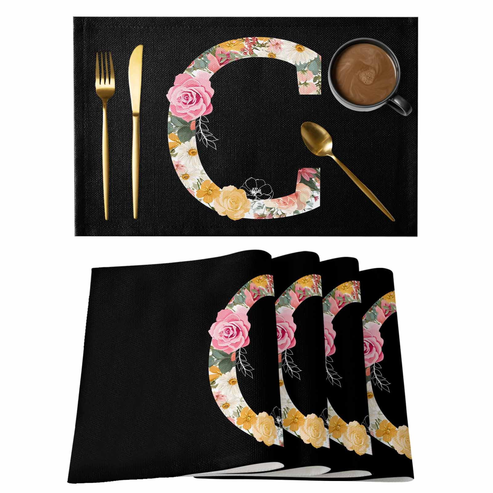 Black Letter C Flower Cotton Linen Placemats Set of 8, Watercolor ...