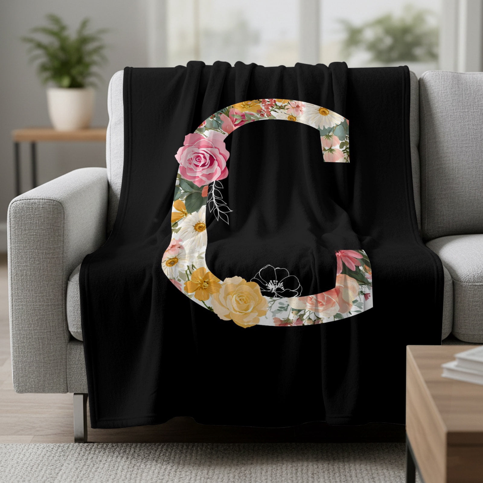 Black Letter C Flower Fleece Throw Blanket Watercolor Alphabet C Pink ...