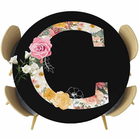 Black Letter C Flower Round Fitted Tablecloth with Elastic Edge ...