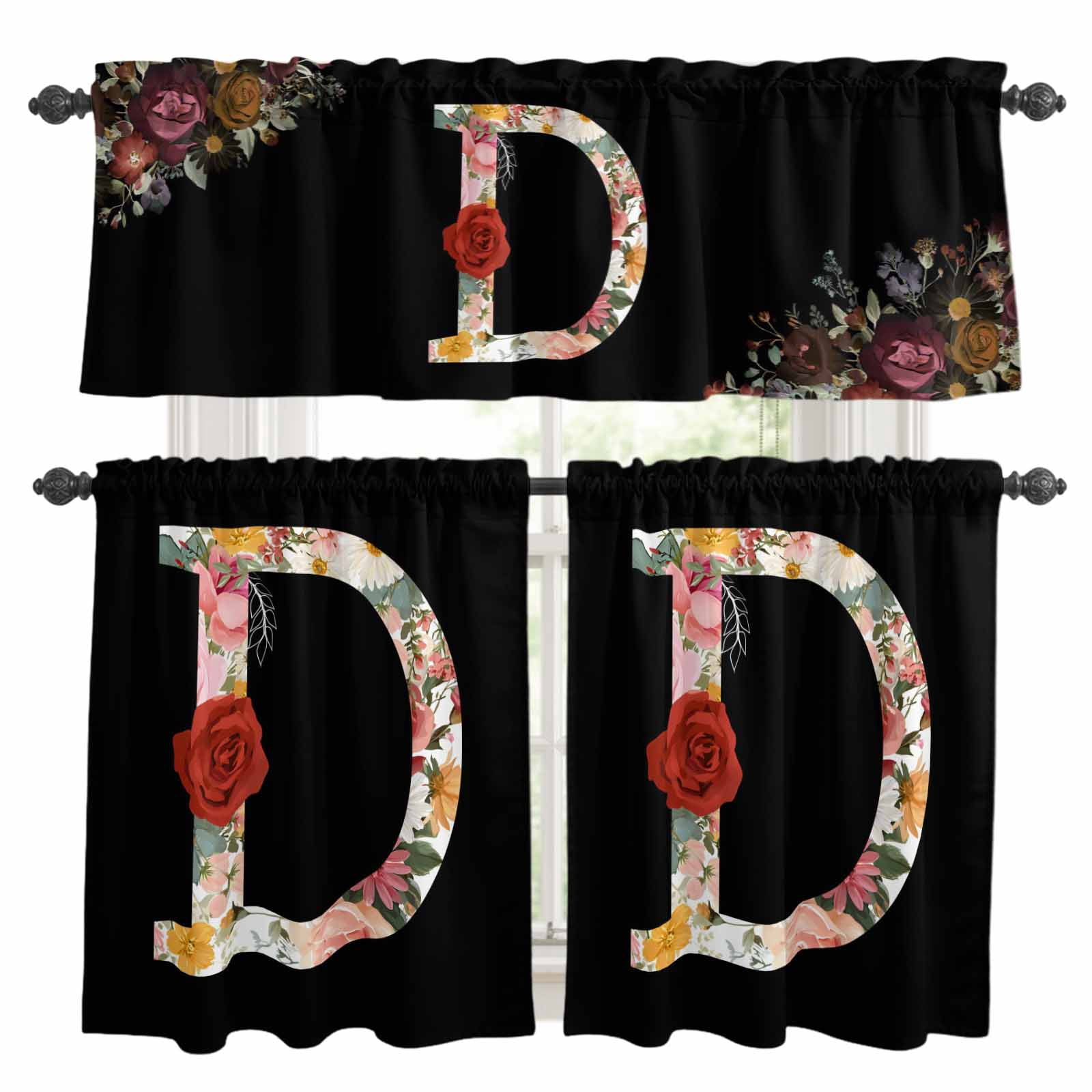 Black Letter D Flower Kitchen Curtains Set for Windows, Watercolor ...