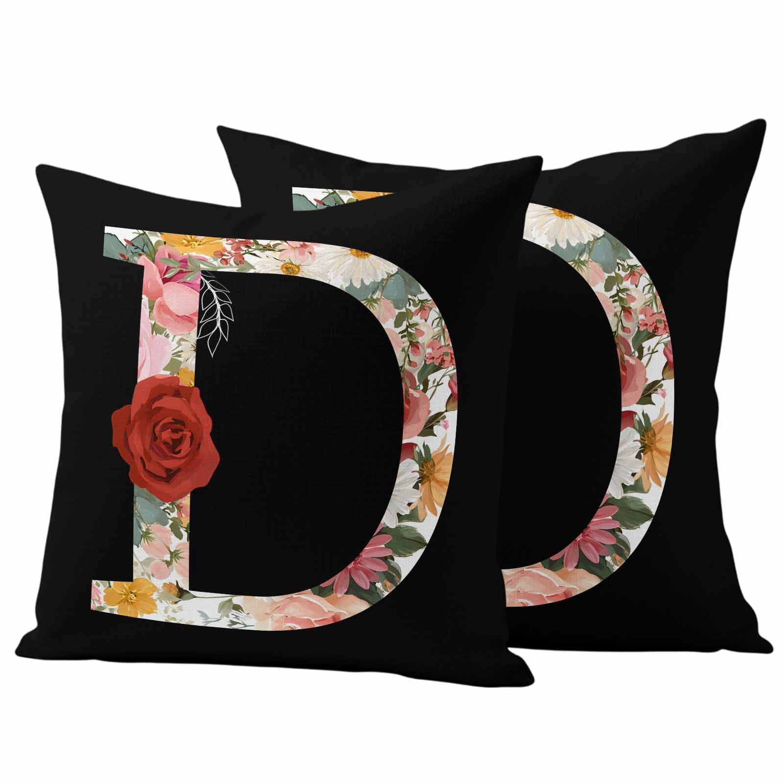 Black Letter D Flower Outdoor Pillow Covers Set of 2 Watercolor ...