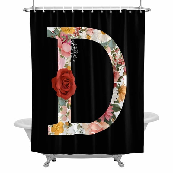 Black Letter D Flower Shower Curtain for Bathroom, Watercolor Alphabet ...