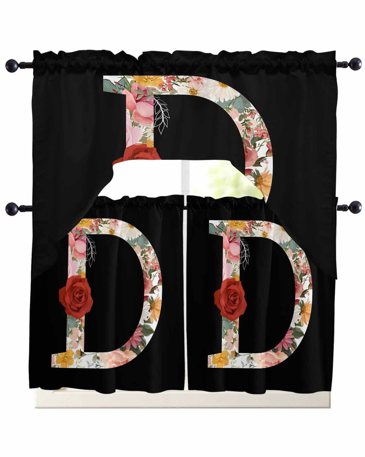 Black Letter D Flower Swag Valance for Window, 3 Piece Watercolor ...