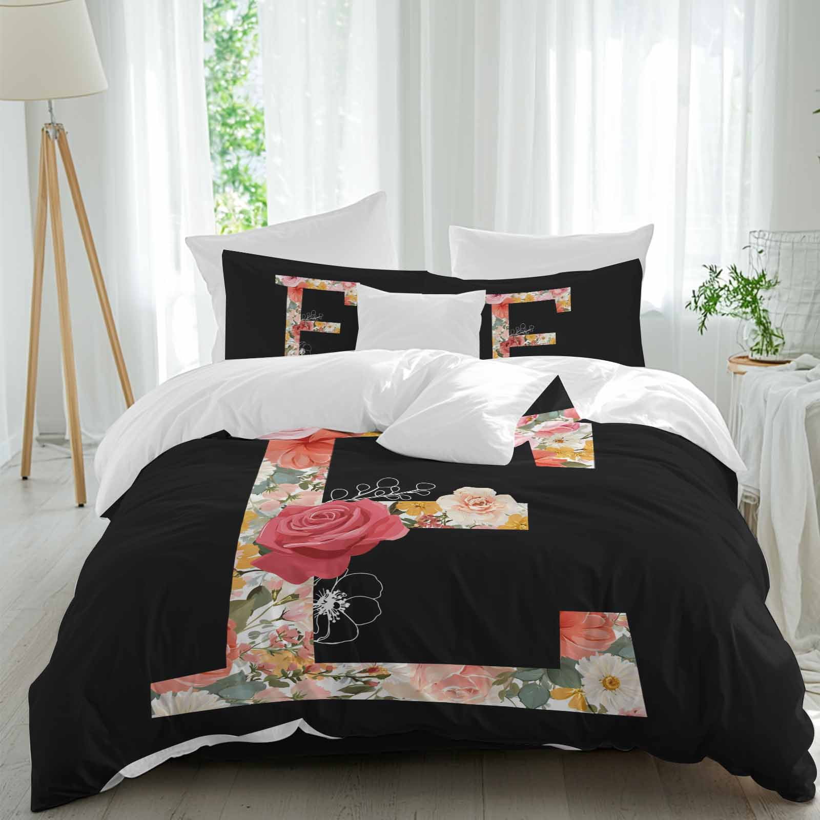 Black Letter E Flower Duvet Cover Set King Size, Watercolor Alphabet E ...