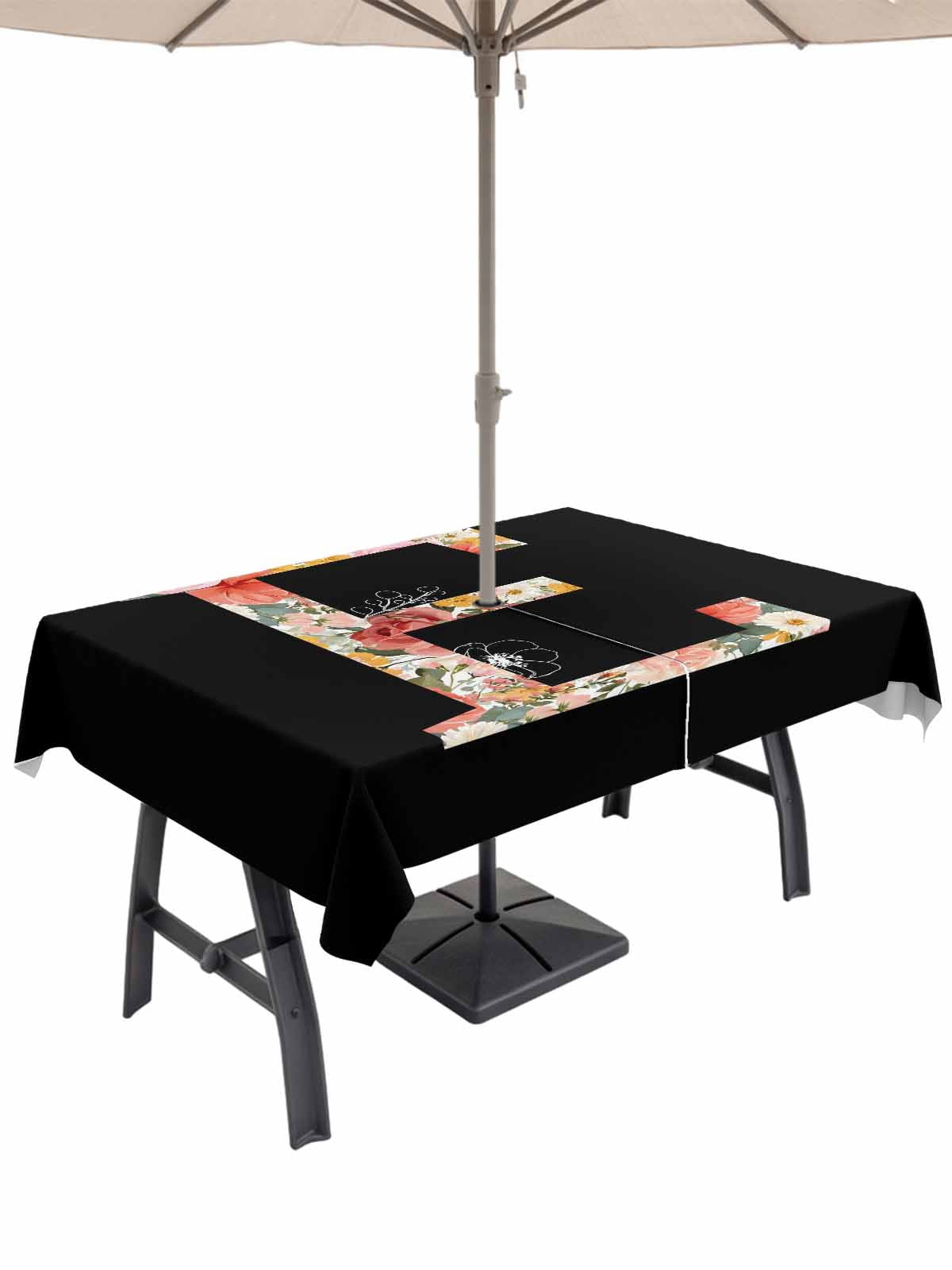 Black Letter E Flower Rectangle Outdoor Tablecloth with Umbrella Hole ...