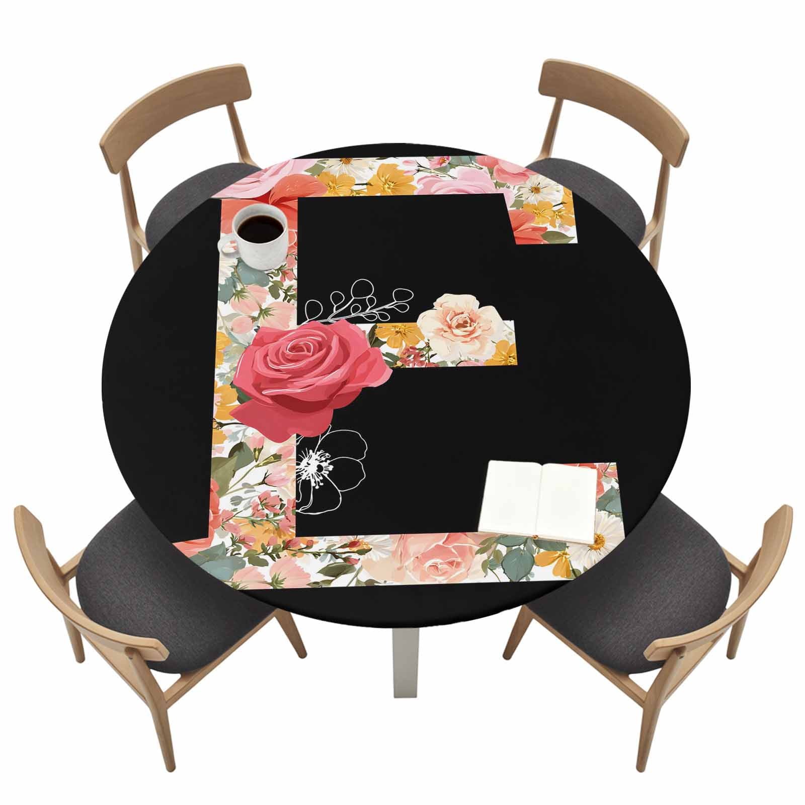 Black Letter E Flower Round Fitted Tablecloth with Elastic Edge ...