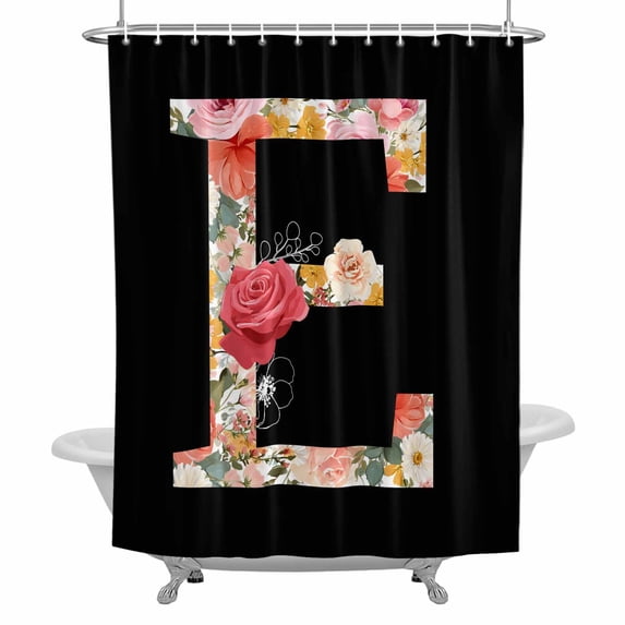 Black Letter E Flower Shower Curtain for Bathroom, Watercolor Alphabet ...