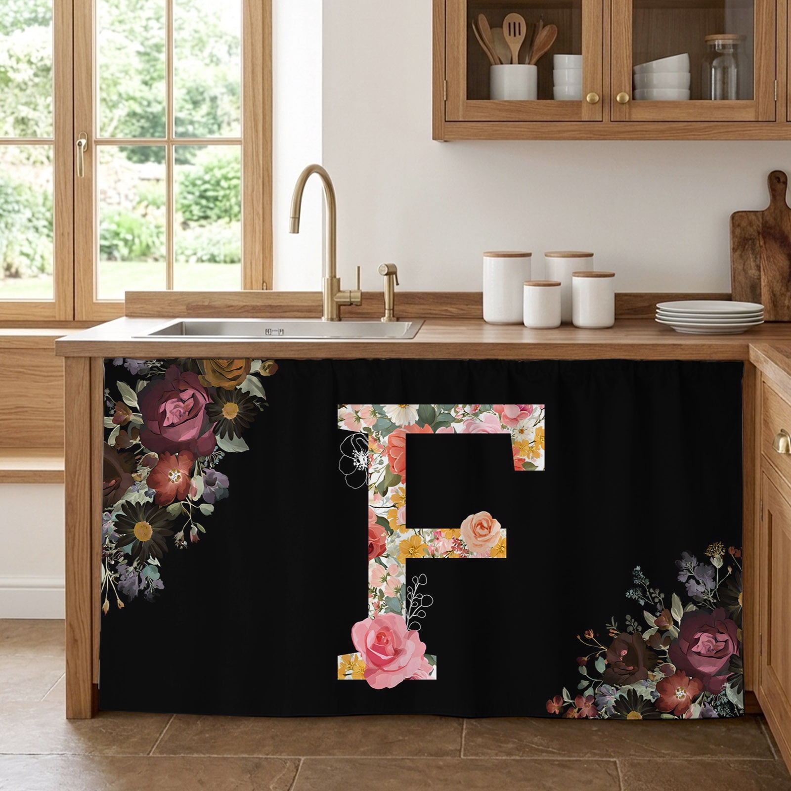 Black Letter F Flower Cabinet Curtains 32" W x 55" L Watercolor ...