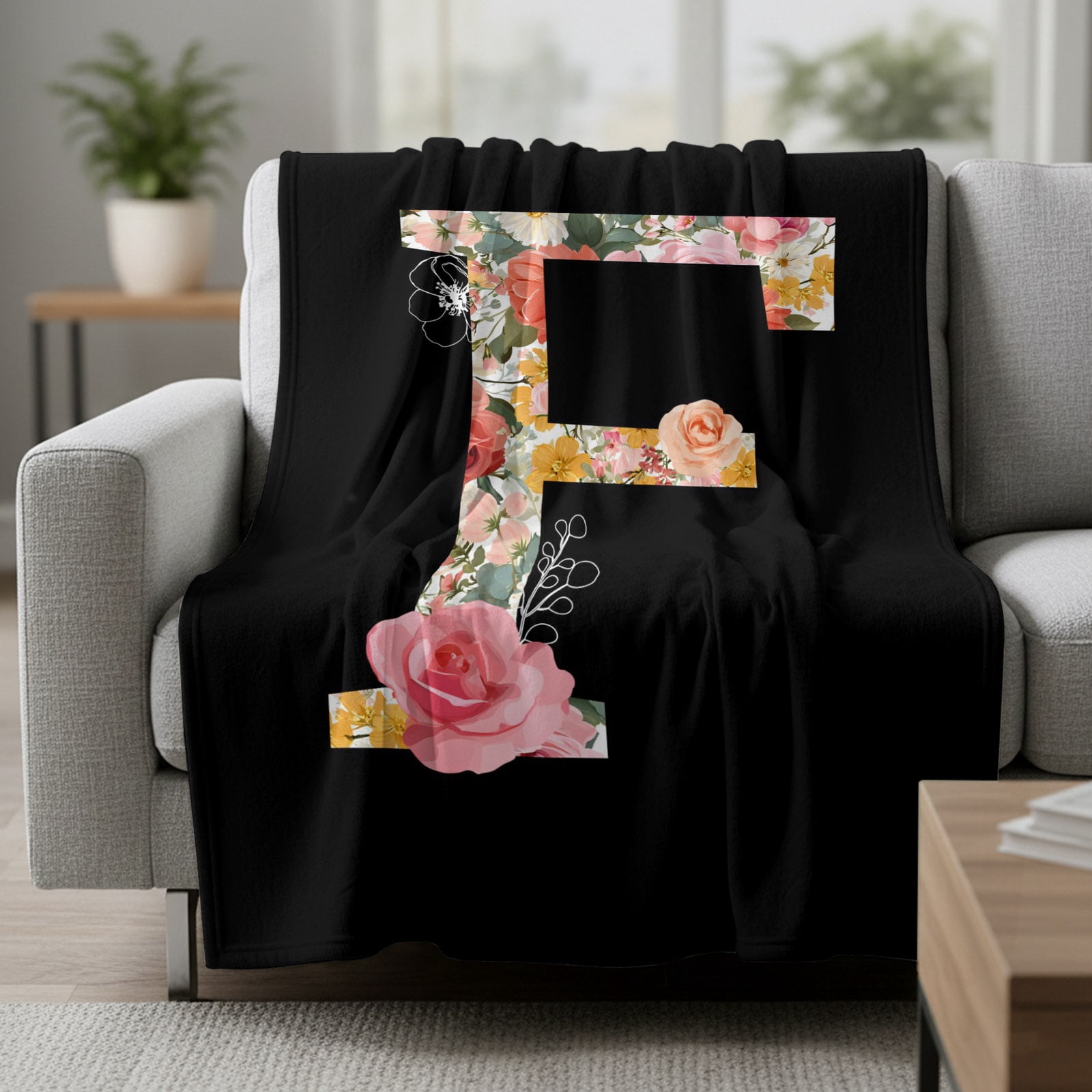 Black Letter F Flower Fleece Throw Blanket Watercolor Alphabet F Pink ...