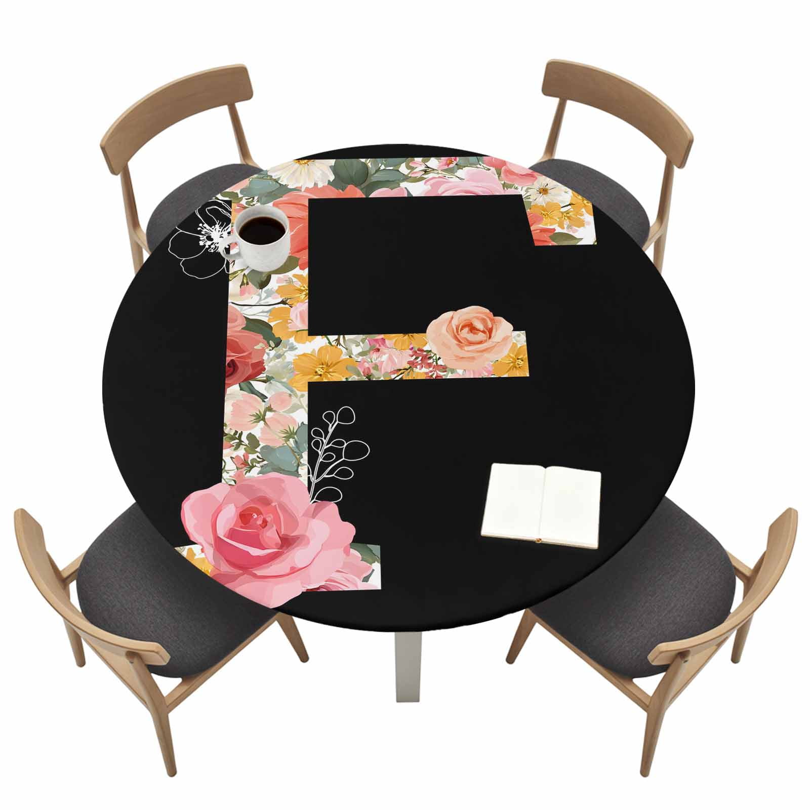 Black Letter F Flower Round Fitted Tablecloth with Elastic Edge ...