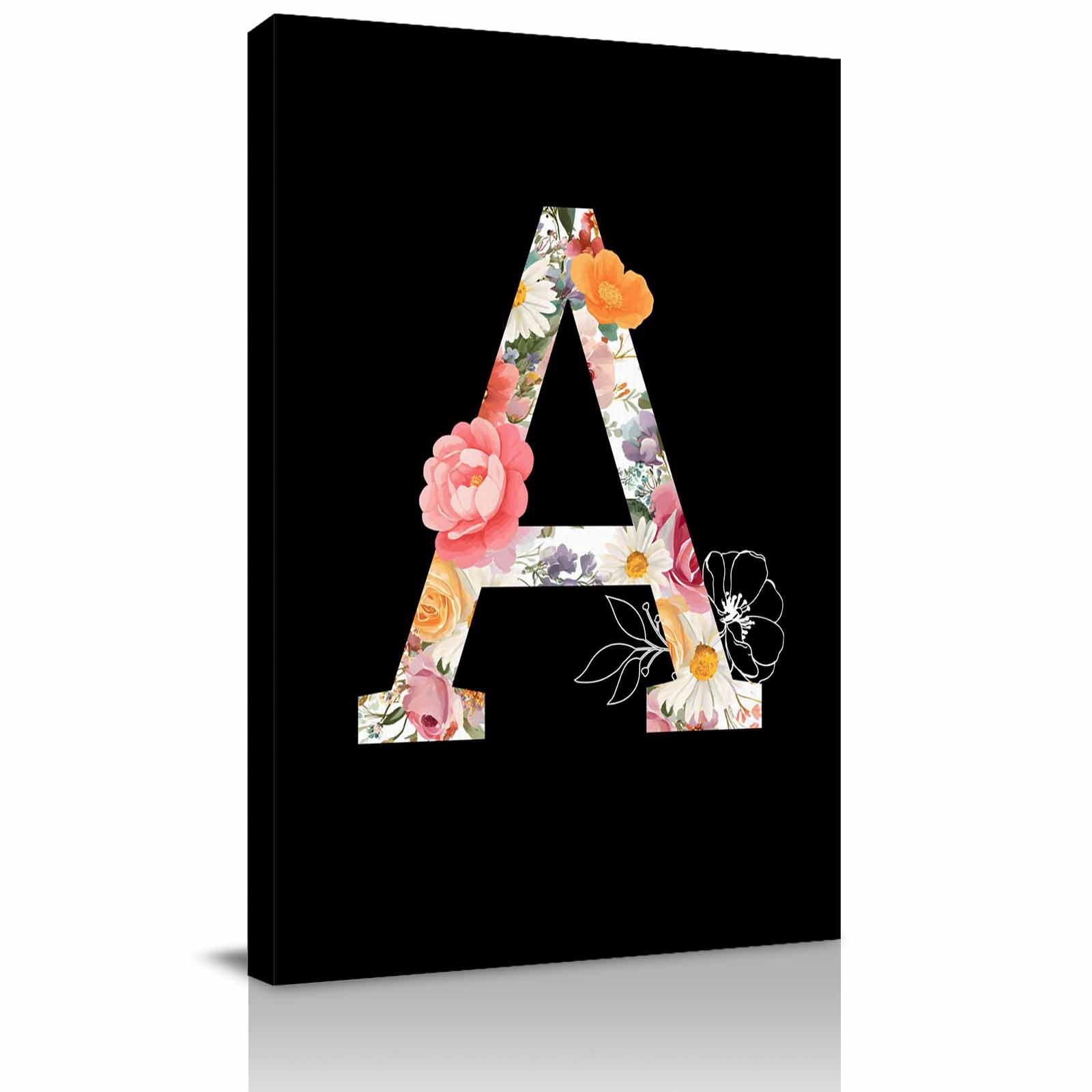 Black Letter A Flower Canvas Wall Art for Living Room, Watercolor ...