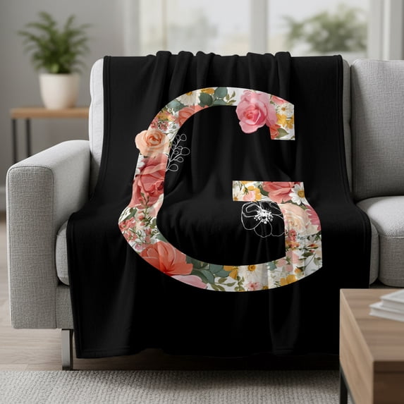 Black Letter G Flower Fleece Throw Blanket Watercolor Alphabet G Pink ...