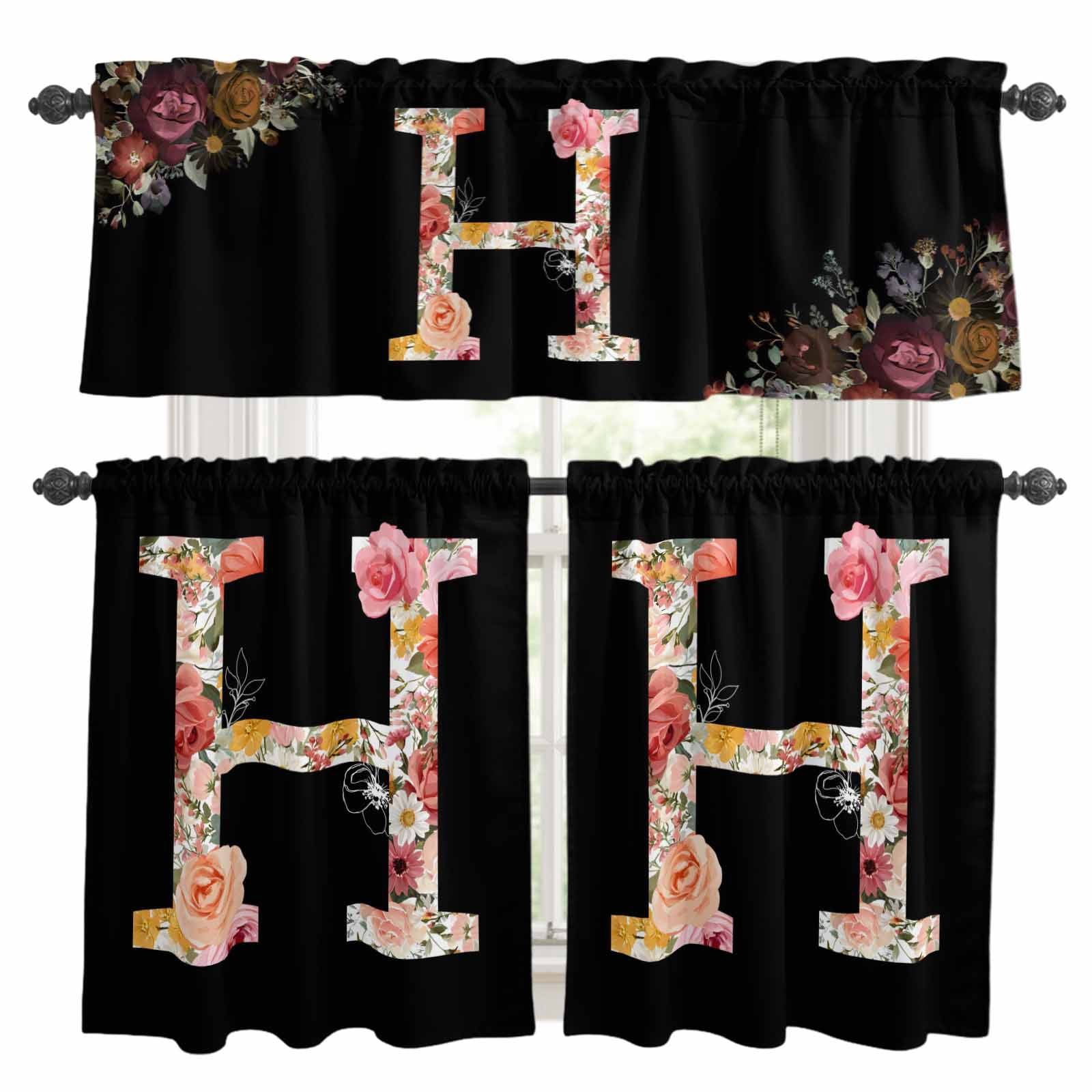 Black Letter H Flower Kitchen Curtains Set for Windows, Watercolor ...