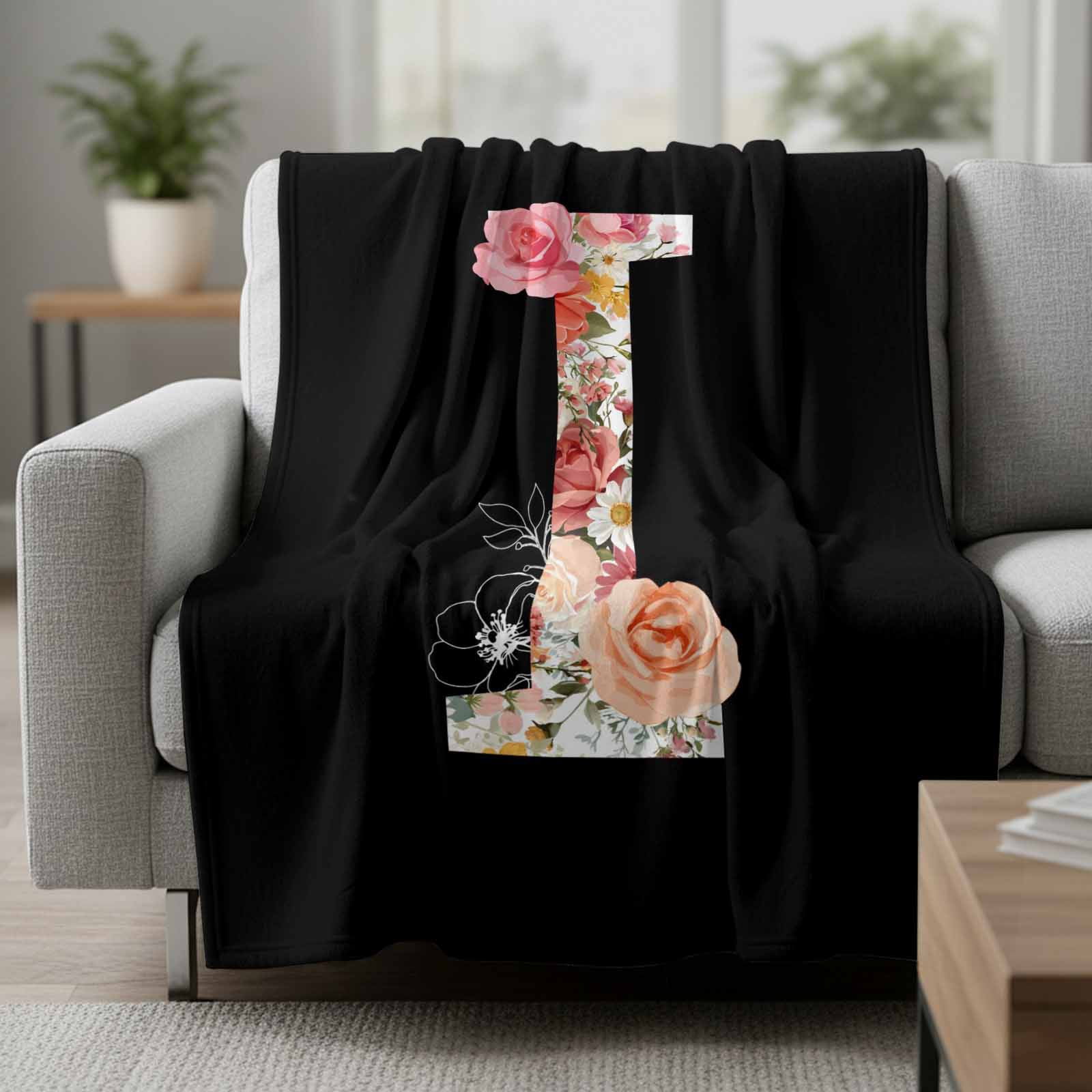 Black Letter I Flower Fleece Throw Blanket Watercolor Alphabet I Pink ...