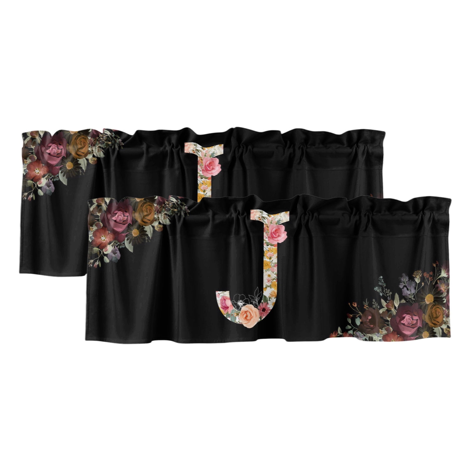 Black Letter J Flower 2 Panels Kitchen Valance, Watercolor Alphabet J ...