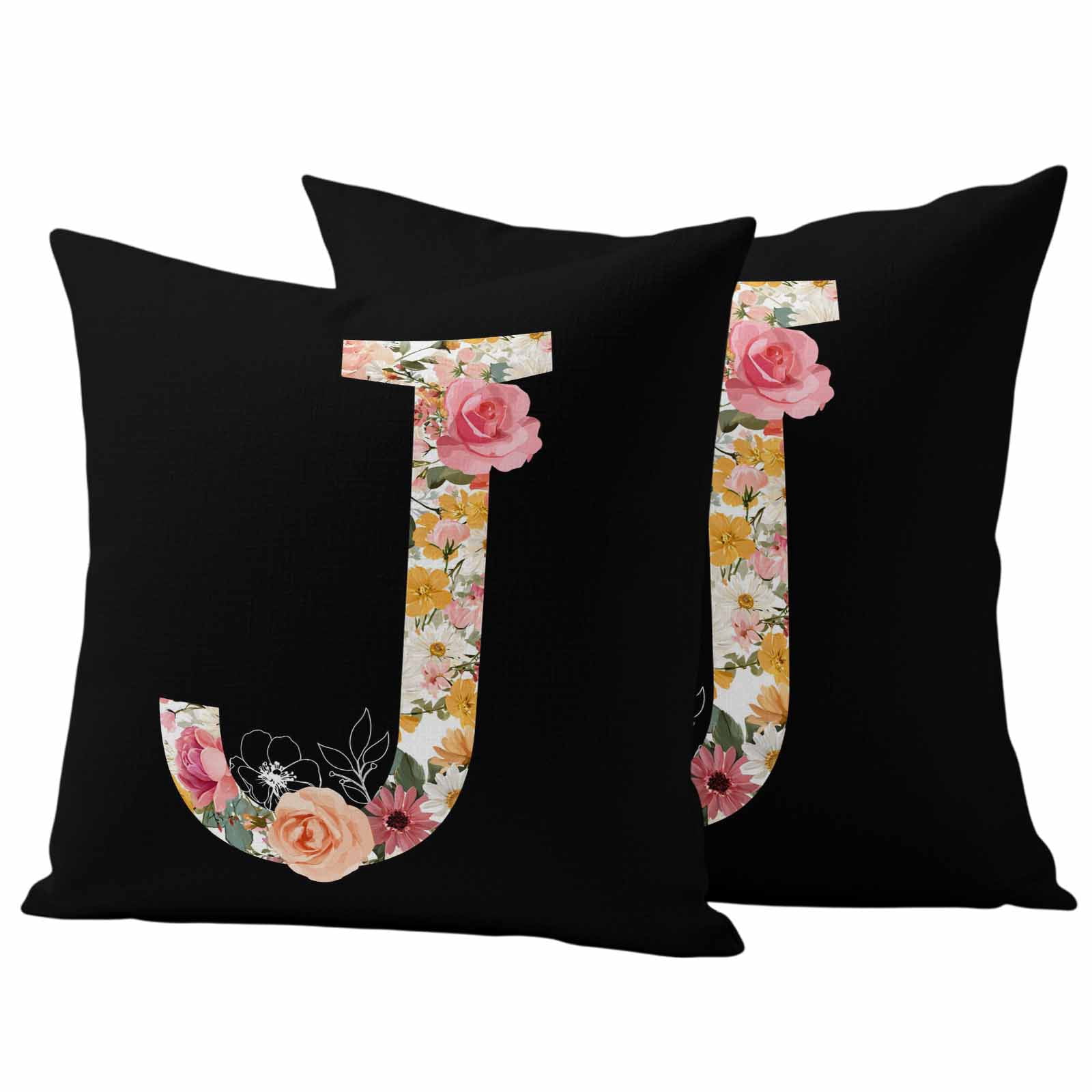 Black Letter J Flower Outdoor Pillow Covers Set of 2 Watercolor ...