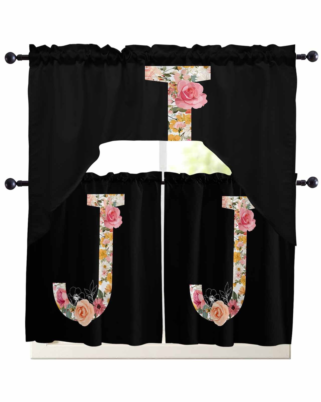 Black Letter J Flower Swag Valance for Window, 3 Piece Watercolor ...