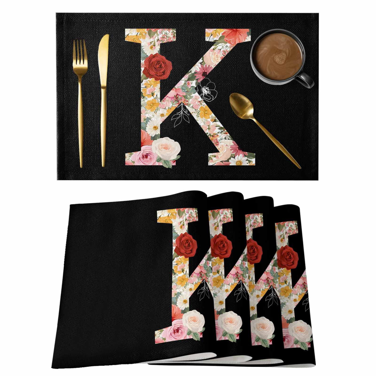 Black Letter K Flower Cotton Linen Placemats Set of 2, Watercolor ...