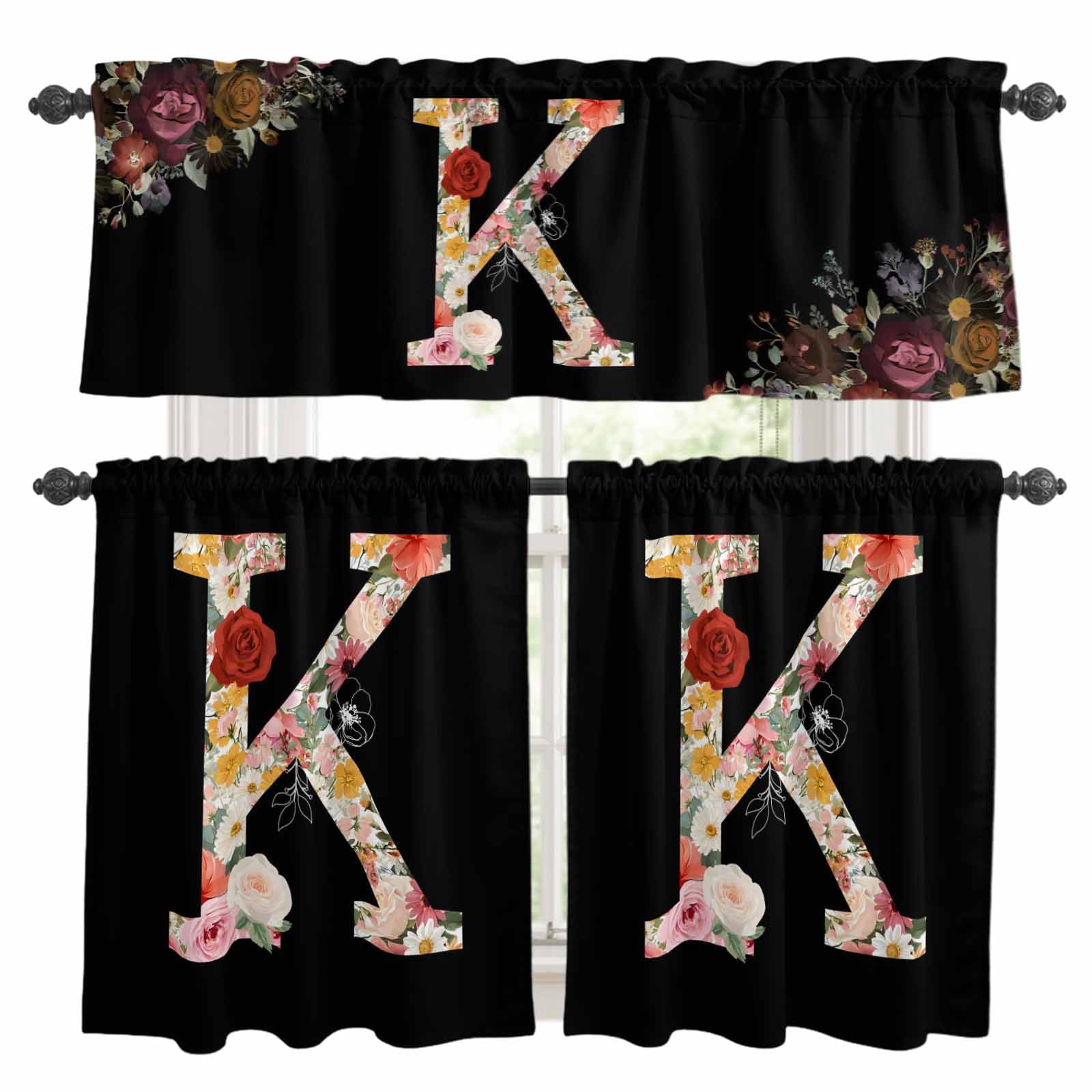 Black Letter K Flower Kitchen Curtains Set for Windows, Watercolor ...