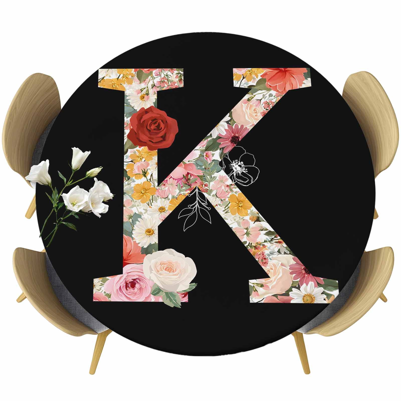 Black Letter K Flower Round Fitted Tablecloth with Elastic Edge ...