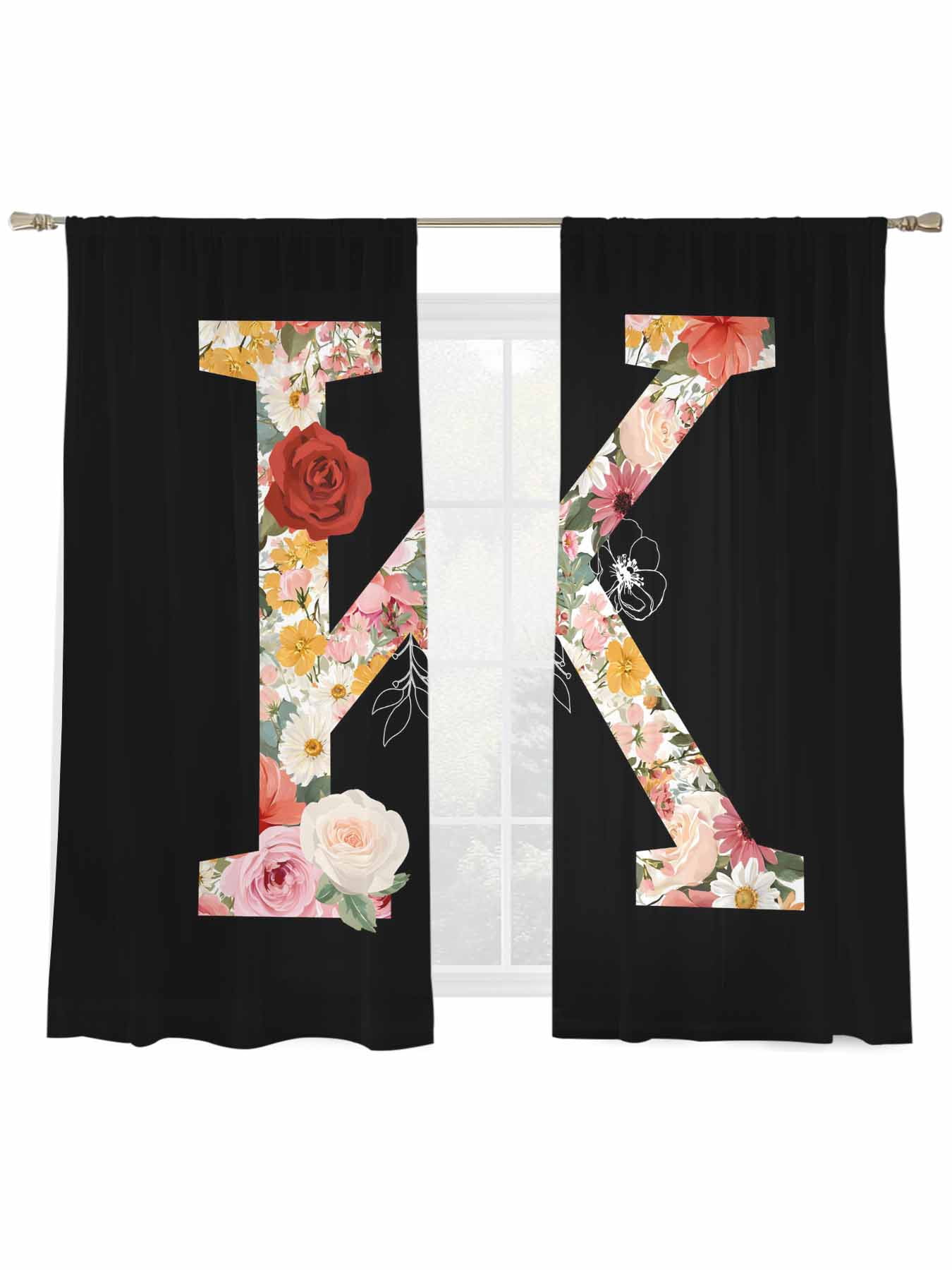 Black Letter K Flower Sheer Curtains 2 Panels Set Watercolor Alphabet K ...
