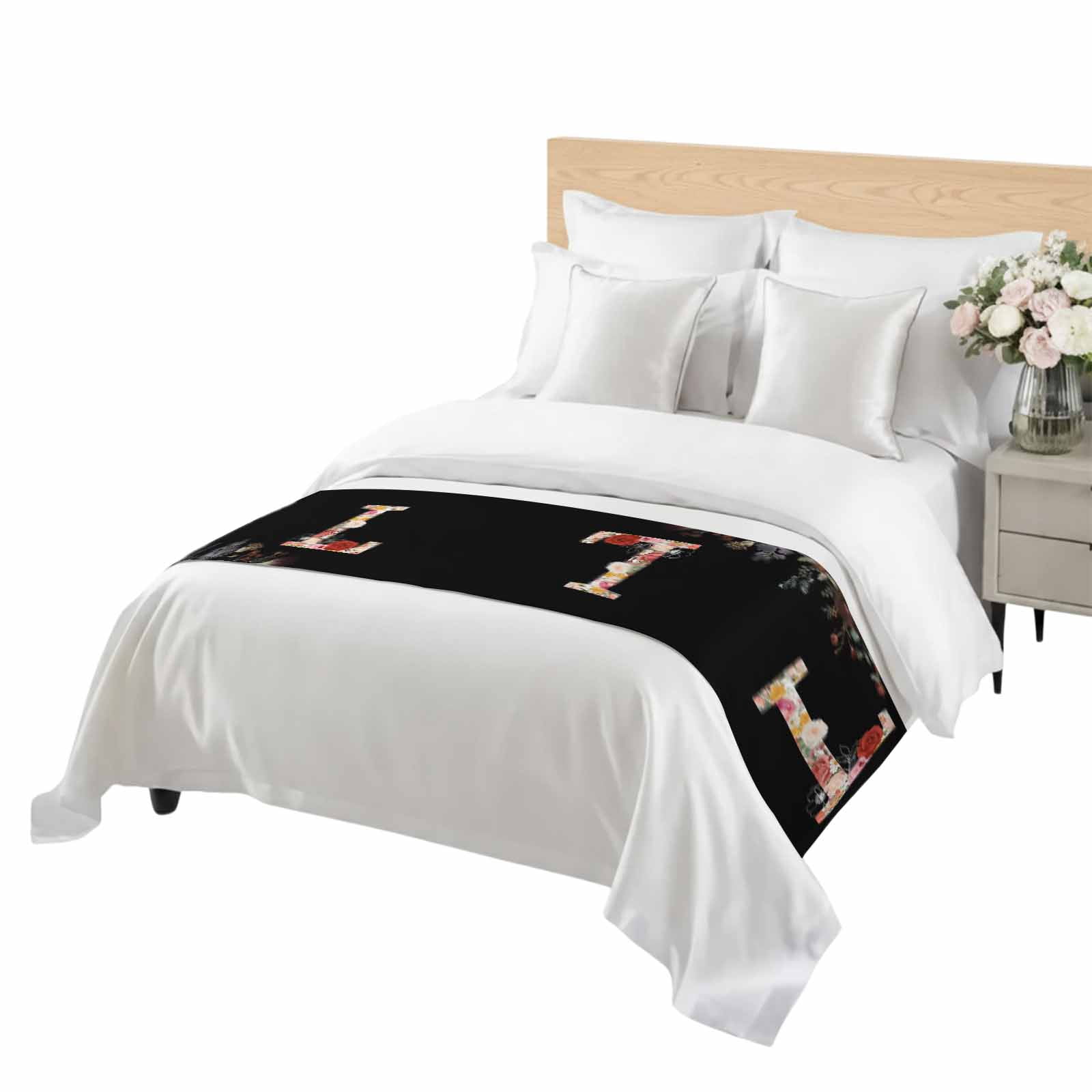 Black Letter L Flower Bed Runner Twin Size Watercolor Alphabet L Pink ...