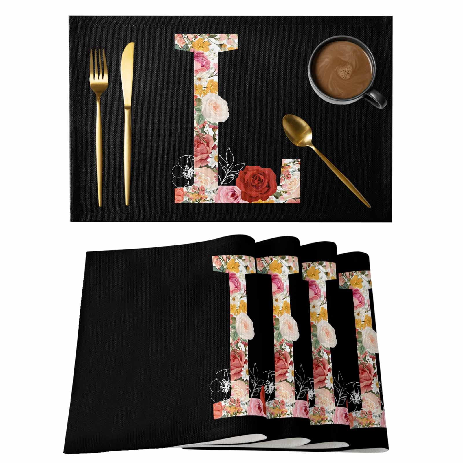 Black Letter L Flower Cotton Linen Placemats Set of 2, Watercolor ...