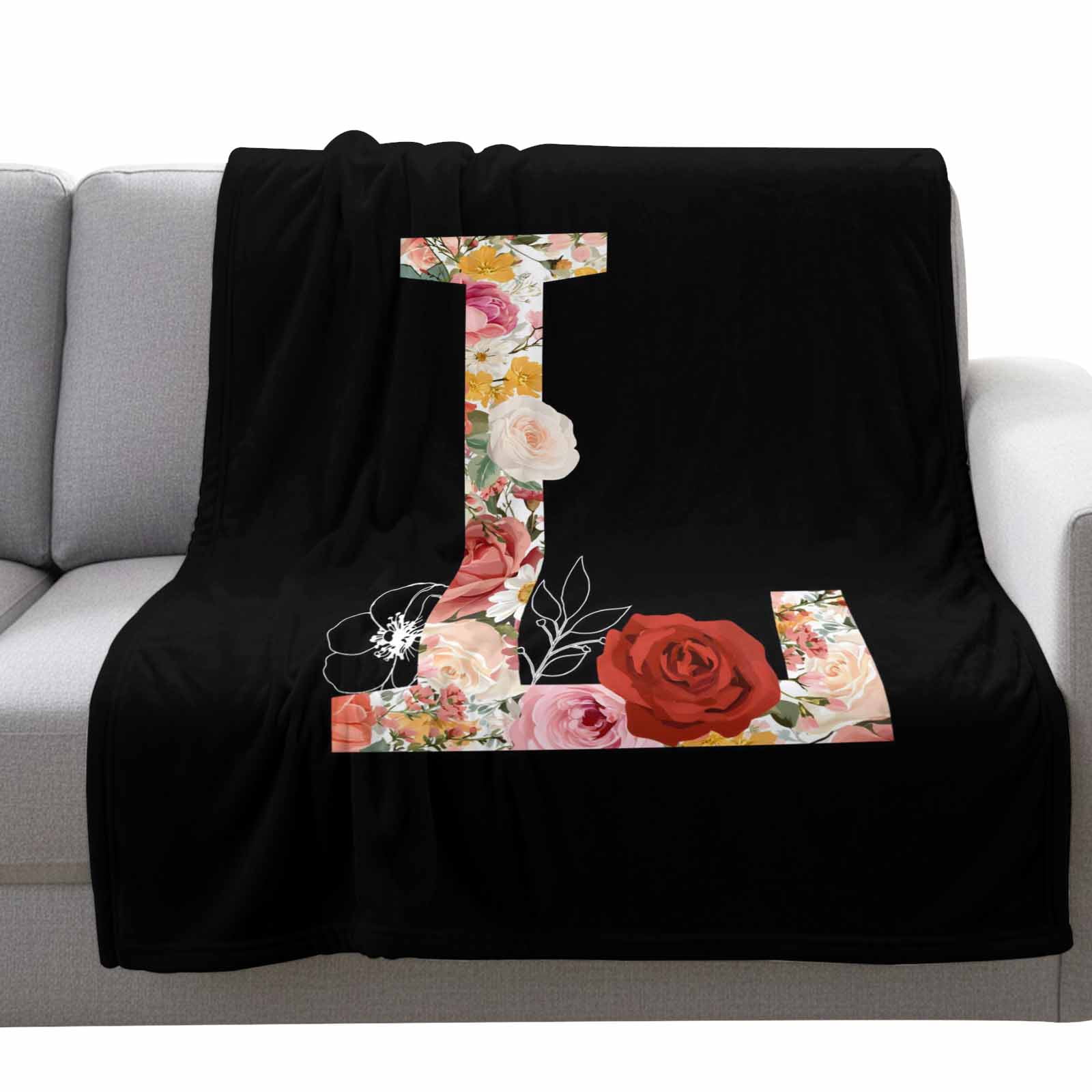 Black Letter L Flower Fleece Throw Blanket Lightweight Watercolor ...