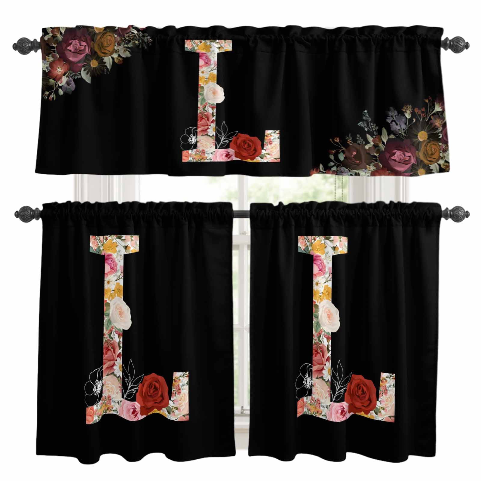 Black Letter L Flower Kitchen Curtains Set for Windows, Watercolor ...