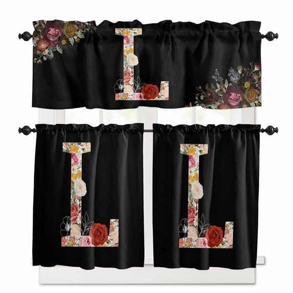 Black Letter L Flower Kitchen Curtains Valance and Tier Set Watercolor ...