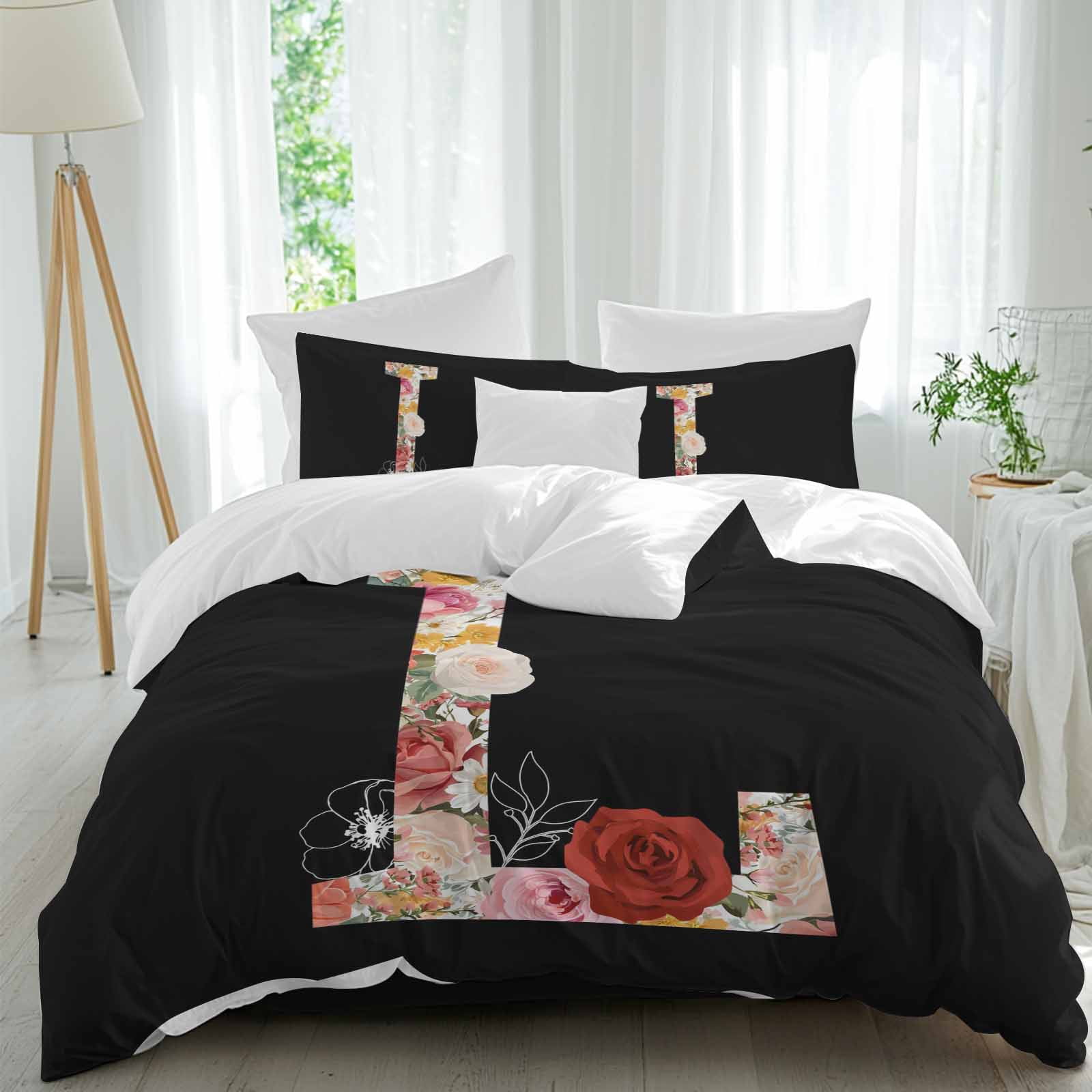 Black Letter L Flower Queen Size 4 piece Duvet Cover Set, Watercolor ...