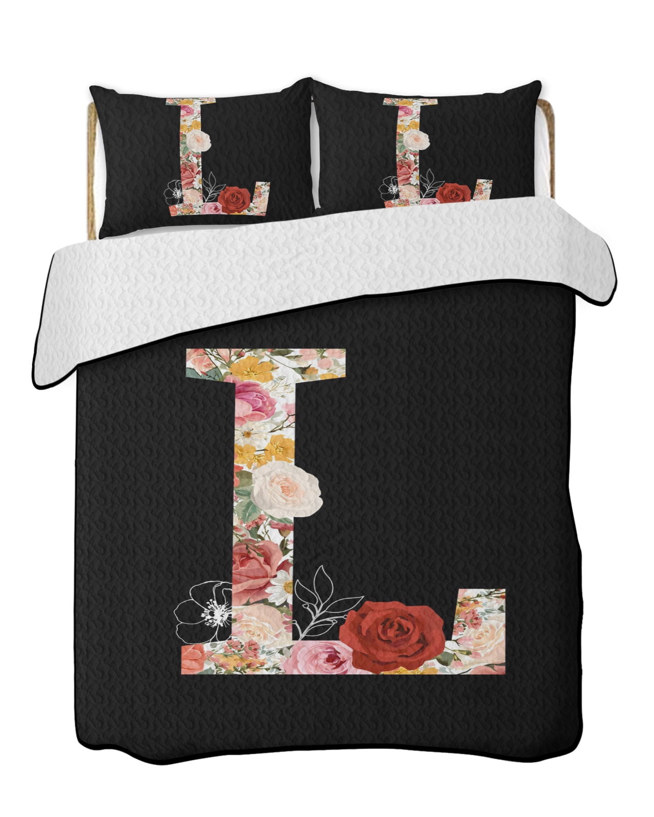 Black Letter L Flower Quilts Bedding Set Queen Size Watercolor Alphabet ...