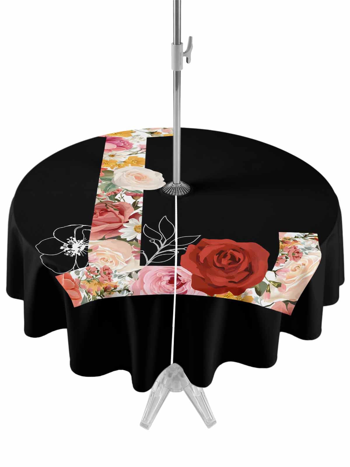 Black Letter L Flower Round Outdoor Tablecloth with Umbrella Hole ...