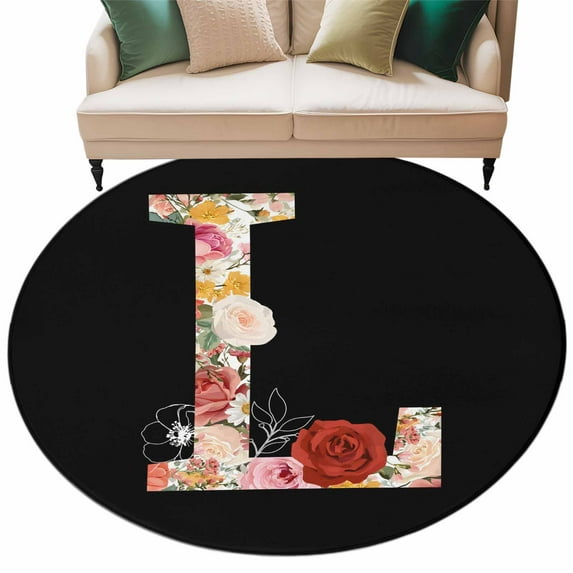 Black Letter L Flower Washable Round Area Rug 5 ft, Watercolor Alphabet ...