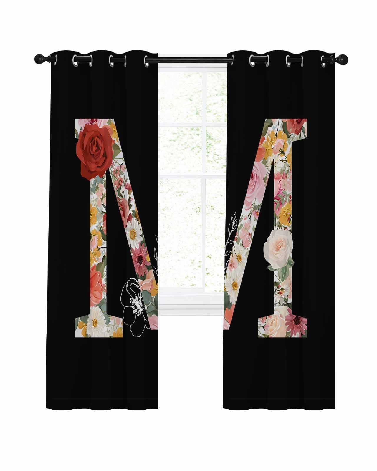 Black Letter M Flower Blackout Curtains for Bedroom Living Room ...