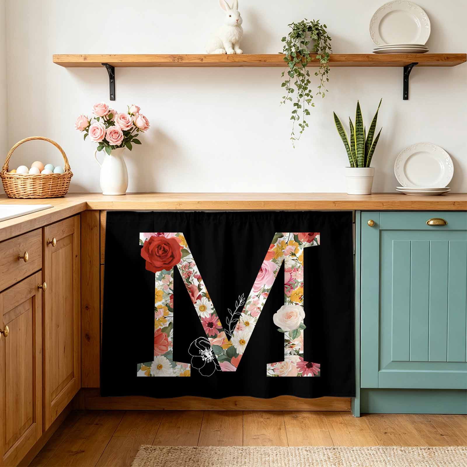Black Letter M Flower Cabinet Curtains 28" W x 35" L Watercolor ...