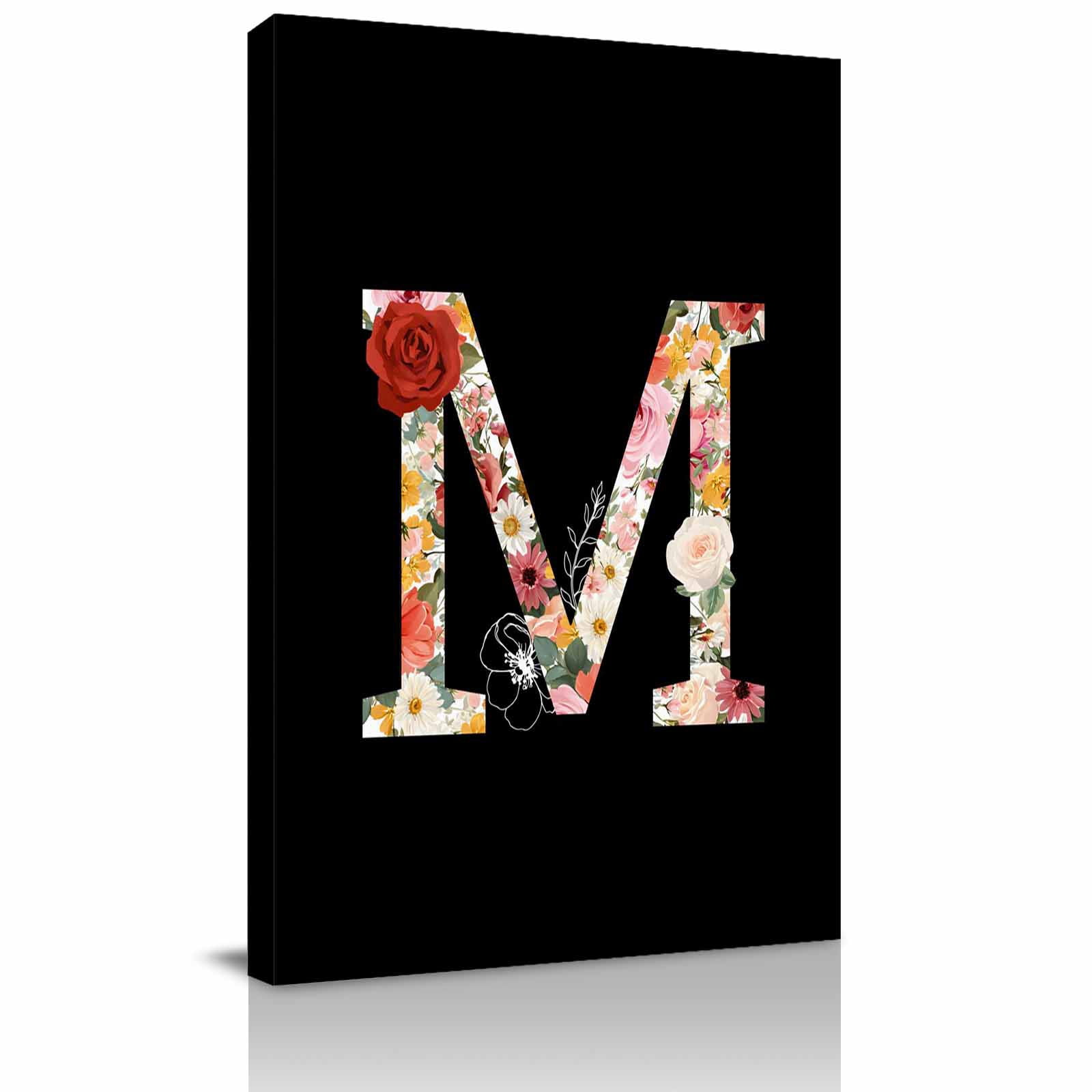 Black Letter M Flower Canvas Wall Art for Living Room, Watercolor ...
