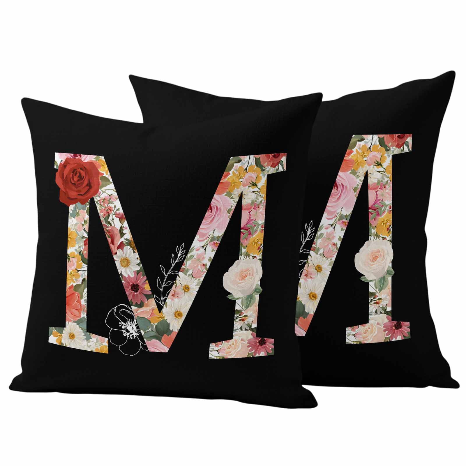 Black Letter M Flower Outdoor Pillow Covers Set of 2 Watercolor ...