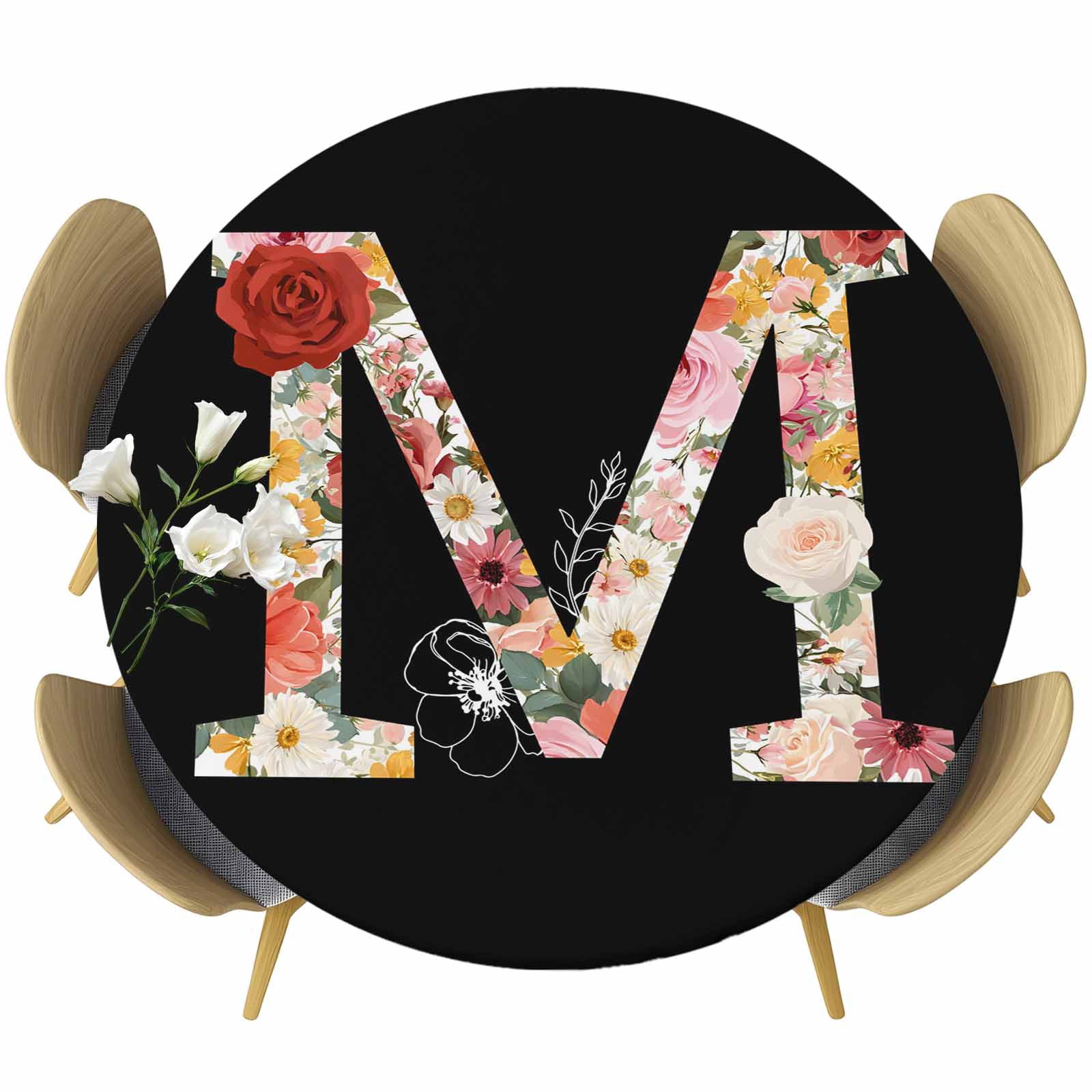 Black Letter M Flower Round Fitted Tablecloth with Elastic Edge ...