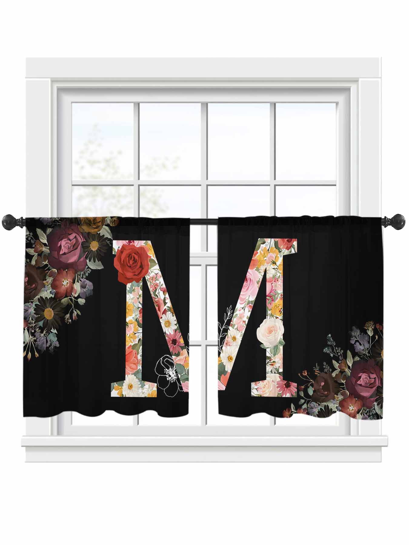 Black Letter M Flower Sheer Curtains 2 Panels Set Watercolor Alphabet M ...